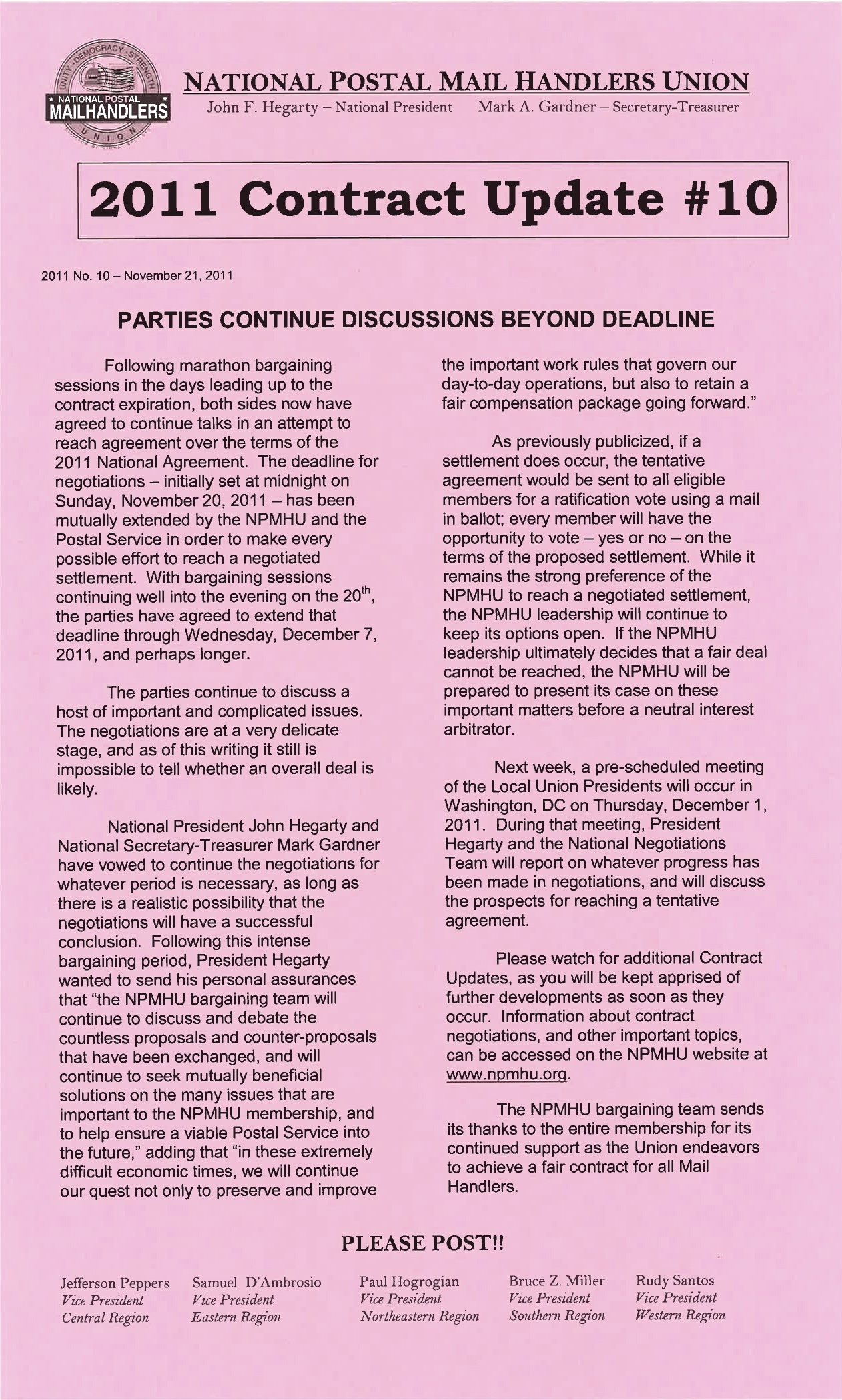 CONTRACT UPDATE #10 -- Parties Continue Discussions Beyond Deadline ...